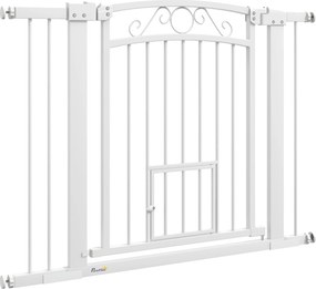 PawHut Indoor Dog Safety Gate, Dveře pro psy s 2 prodlouženími 76-104 cm a kočičími dvířky, Výška pet brány 77 cm, pro chodby a schody, Bílá | Aosom