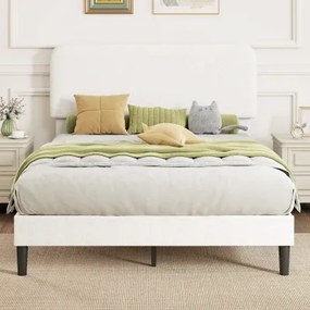 HOMCOM rám postele 140 x 190 cm s roštem, nastavitelný čelní díl, čalouněná manželská postel v teddy sametu, kovový rošt, bílá