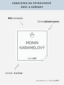 Samolepka na láhev MONIN KARAMELOVÝ 5 x 5 cm – bílá vinylová, voděodolná, omyvatelná samolepka na dózy, základní písmo