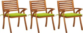 vidaXL Zahradní jídelní židle s poduškami 3 ks masivní akáciové dřevo [3060781] Barva: Jasně zelená