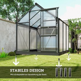 Zahradní skleník Outsunny z polykarbonátu 3,65 m² hliníkový skleník pro zahradu 190 x 192 x 201 cm odolný vůči UV záření, se zpevněným základem, okap…