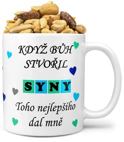 Hrnek Když bůh stvořil syny (Náplň hrníčku: Směs slaných oříšků)