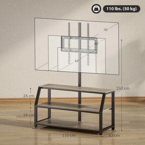 HOMCOM TV nábytek s držákem na televizi až do 183 cm, TV skříňka se 2 otevřenými policemi, 110x43x150 cm, šedá