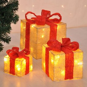 438371 HI Vánoční dárky s červenými stuhami LED dekorace 3 ks