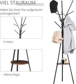 HOMCOM Stojan na kabáty, Stojan na kabáty se 8 háčky, Stojan na kabáty se policí, Vysoká skříň na oblečení, klobouky, tašky, kov, hnědá, 45 x 180 cm