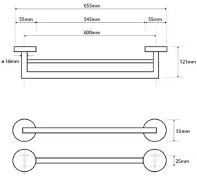 Sapho X-ROUND dvojitý držák ručníků 600x121mm, chrom XR401