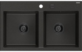 Mexen Hektor, 2-komorový granitový dřez 800x480x205 mm, černá-zlatá metalíza, grafitový sifon, 6521802000-75-B