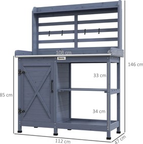 Dřevěný zahradnický stůl Outsunny se skříňkou a pracovní deskou 112x47x146cm šedý, 2 police a 4 háčky pro milovníky zahrady |