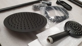 Mexen termostatický sprchový set, sprchová baterie KAI s horním uchycením sprchy + sprchová sada s horní hlavicí oval ?25cm X, 3/4", černá, 77150-70 + 79392-70