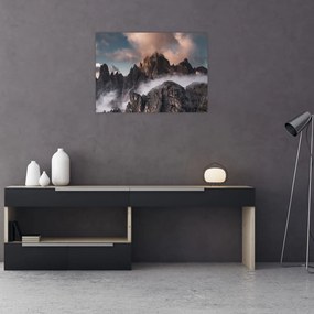 Skleněný obraz - Italské dolomity schované v mlze (70x50 cm)
