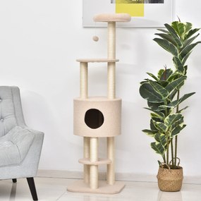PawHut Kočičí škrabadlo Výška 148 cm Kočičí věž se sisalovými sloupky 3 platformy Dům a zavěšená kulička Béžová