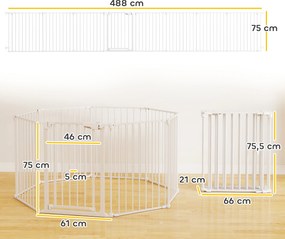 Ohradník pro domácí mazlíčky, 8dílná zábrana s dvířky, skládací, pro malé a středně velké psy, plast, uhlíková ocel, bílý