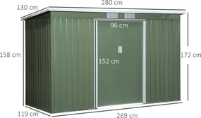 Kůlna Outsunny, zahradní kůlna, kůlna na nářadí s posuvnými dveřmi, větrací okno, jednoplášťová střecha, venkovní, ocel, světle zelená, 280 x 130 x 1…