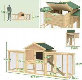 Kurník Dřevěný kurník s hnízdištěm, nepromokavou střechou, bidlem, výběhem, rampou, 204x85x93 cm přírodní dřevo
