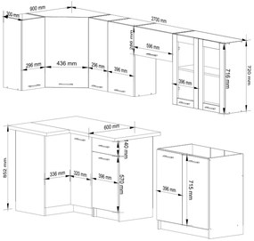 Kuchyňská rohová linka Olivie 3 m H720 prosklená beton/dub sonoma
