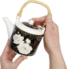 Porcelánová čajová souprava Art Deco, konvice 0,6 l – s bambusovým držadlem, se 2 šálky, art deco design, s nerezovým sítkem