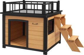 PawHut Psí Bouda s Balkónem, Vyvýšená Psí Bouda se Schody, Okno, Psí Jeskyně pro Malé až Střední Psy, Borvicové Dřevo, Žlutá, 121 x 77 x 78 cm | Aosom