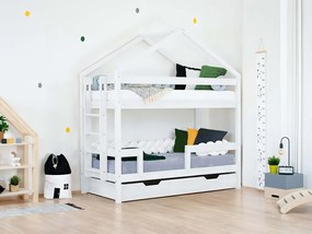 Benlemi Sada: Domečková patrová postel KILI s dřevěným úložným šuplíkem BUDDY na kolečkách Zvolte barvu: Bílá, Varianta: S roštem a plným dnem