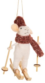 sass & belle Plstěná vánoční ozdoba Skiing Mouse, červená barva, krémová barva, dřevo, textil