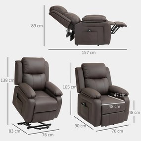 HOMCOM Elektrické křeslo ke vstávání elektrické relaxační křeslo s opěrkou nohou, dálkovým ovládáním a 2 kapsami 76x90x105 cm, hnědé