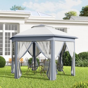 Outsunny skládací pavilon 4 x 4 m Šestiúhelníkový design Sítě proti hmyzu, voděodolná ventilační střecha pro grilovací párty Šedá+Bílá