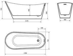 Mexen Alta, volně stojící vana 170 x 75 cm, bílá, zlatý matný přepad, 52141707500-55