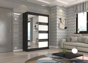 Šatní skříň s posuvnými dveřmi Toura - 150 cm Barva: Černá/Bílá + Černý Lacobel