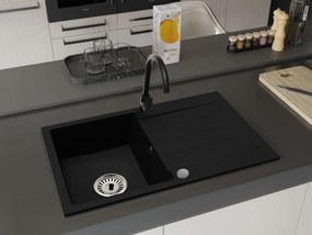 Granitový dřez se sifonem a odkapávací plochou, univerzální, černá, 79,5x49,5, ROVANA