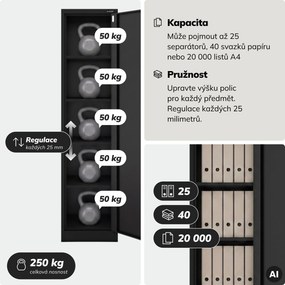 Úzká kovová kancelářská skříň na dokumenty, černá, 450x1850x400 mm: ALEX