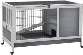PawHut Kotec pro králíky a morčata s 4 koly, domečkem, rampou a odnímatelným dnem, přírodní dřevo, šedý, 90x53x59 cm | Aosom