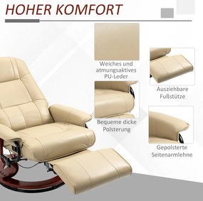 HOMCOM polohovací křeslo TV křeslo s funkcí polohování, podnožka, otočné TV křeslo 360°, dřevěné nohy, do obývacího pokoje, imitace kůže, krémově bíl…