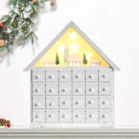 HOMCOM Adventní kalendář Vánoční dekorace, 24 zásuvek, LED světla, 39 cm x 9 cm x 42 cm, bílá + zelená 830-416