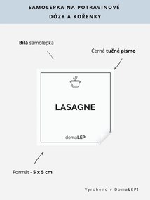LASAGNE  – bílá samolepka na dózu, tučné písmo, 5 x 5 cm | DomaLEP