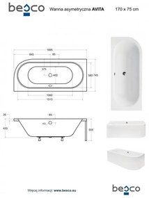 BESCO Asymetrická vana AVITA Nožičky k vaně - S nožičkami, Rozměr vany - 180 × 80 cm, Způsob provedení - Levé - VANAVIT180L+OLVPINOZSTELWD