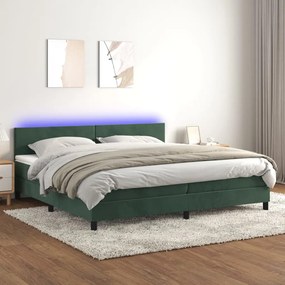 Box spring postel s matrací a LED tmavě zelená 200x200 cm samet,  3134306