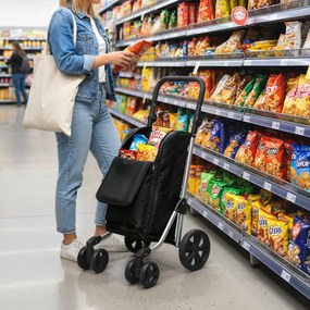 HOMCOM Nákupní vozík, 46 litrová taška, skládací nákupní vozík s chladicí taškou, nastavitelná rukojeť, hliníkový rám, černá