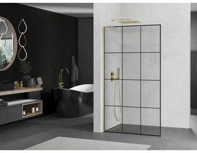 Mexen Kioto L, sprchová zástěna Walk-In 110 x 200 cm, 8mm čiré sklo černý vzor, ​​zlatý matný profil, 800-110-103-55-77