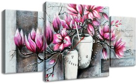 Gario Obraz s hodinami Růžové magnolie ve váze - 3 dílný Rozměry: 80 x 40 cm