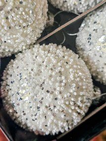 6ks bílá stříbrná vánoční skleněná ozdoba s korálky - Ø 8 cm