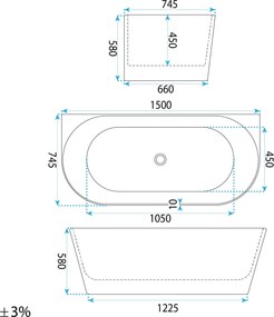 Volně stojící akrylátová vana REA CAPRI SLIM 150x74,5 cm bílý, sifon Click-Clack - černý