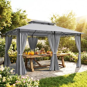 Outsunny zahradní altán 4 x 3 m — voděodolný pevný kovový pavilon s dvojitou střechou a 6 bočními panely, tmavě šedý