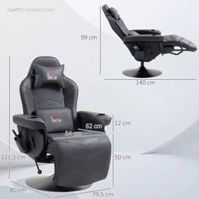 HOMCOM Herní židle s masáží, otočná o 360°, 6 masážních bodů, podnožka, odnímatelná opěrka hlavy, imitace kůže, 79.5 x 82.5 x 111.5cm, černá