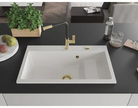 Mexen Omar, 1-komorový granitový dřez 800x480x210 mm, bílá, zlatý sifon, 6520801005-20-G