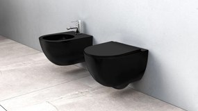 Rea Carlo Mini, závěsná WC mísa 495x370x355 mm + toaletní WC sedátko, černá matná, REA-C8489