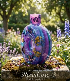 Designová váza z pryskyřice – vrstvená technika, drcené sklo, květiny (18 cm)