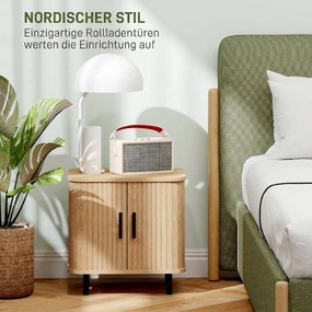 HOMCOM moderní noční stolek s posuvnými lamelovými dvířky, ocelové nohy — dub