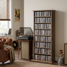 HOMCOM Úložný prostor na CD a DVD s 8 přihrádkami a 6 nastavitelnými policemi, maximální kapacita 360 CD/185 DVD a Blu-ray, ořech