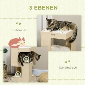 PawHut cat cave třípatrová skříňka pro kočky vnitřní domeček pro kočky s polštáři a hračkami z dubového dřeva 34x34x60 cm pro milovníky koček | Aosom…