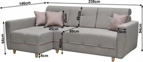 Tempo Kondela Rohová sedací souprava HAKAN, rozkládací s úložným prostorem, levá, šedá/pudrově růžová
