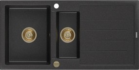 Mexen Andres, granitový dřez 1000x500x200 mm, 1,5-komorový, černá-stříbrná metalíza se zlatým sifonem, 6515101510-73-G